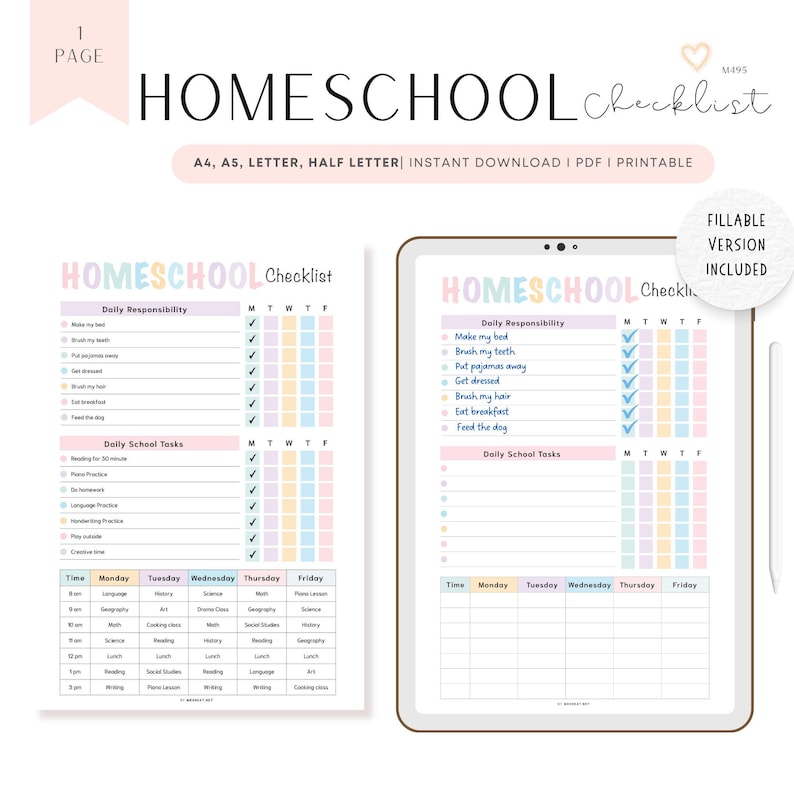 FILLABLE Homeschool Checklist Printable, Homeschool Planner, Daily ...