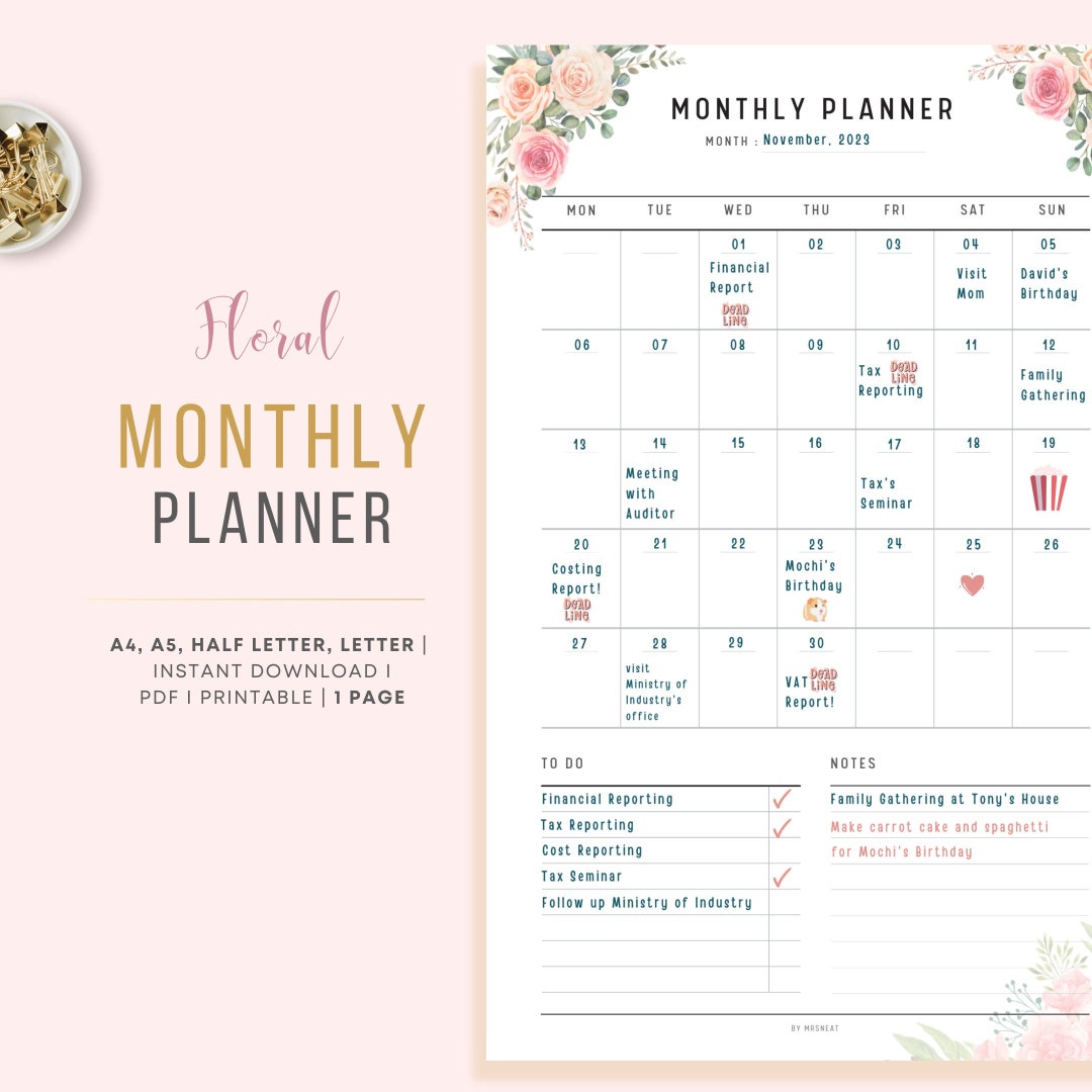 Floral Monthly Planner Printable, Month at a Glance, Undated Monthly ...