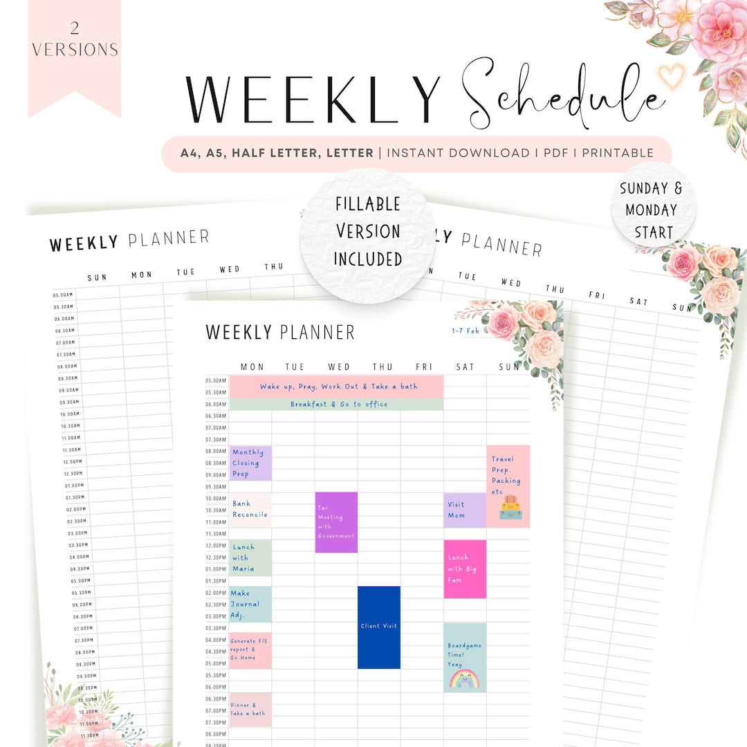 Half Hour Weekly Template, Floral Half Hour Weekly Schedule Printable ...