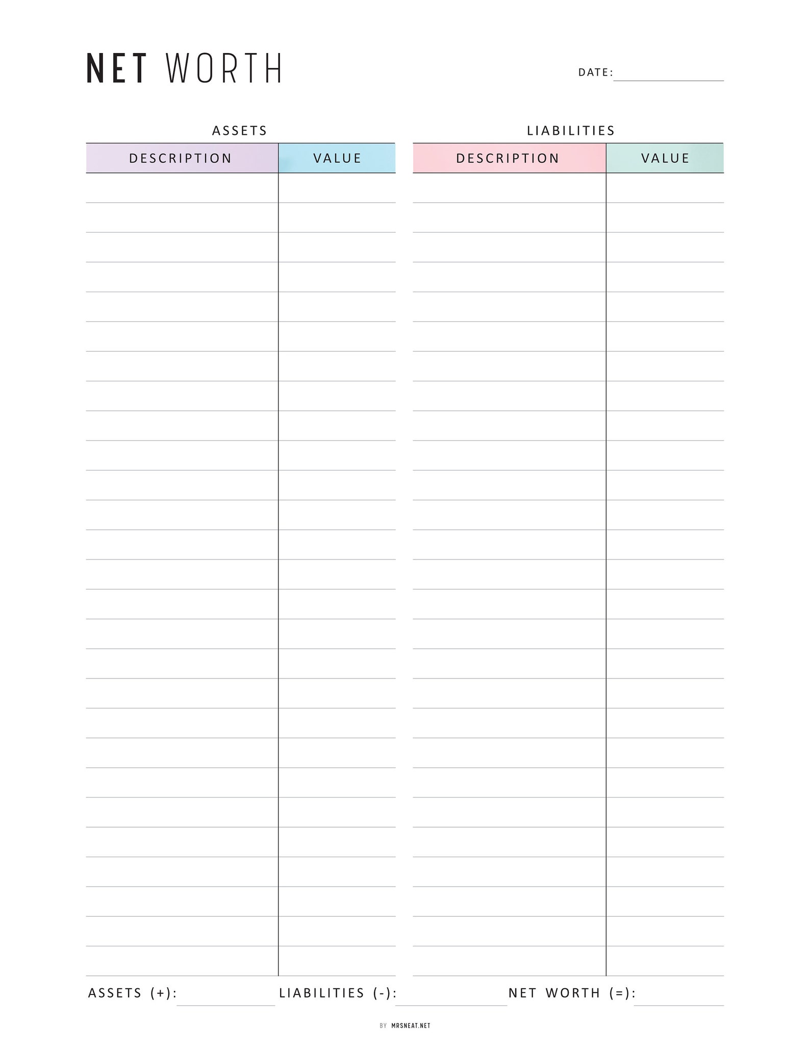 Net Worth Tracker Printable, Fillable Net Worth Calculator, Net Worth ...