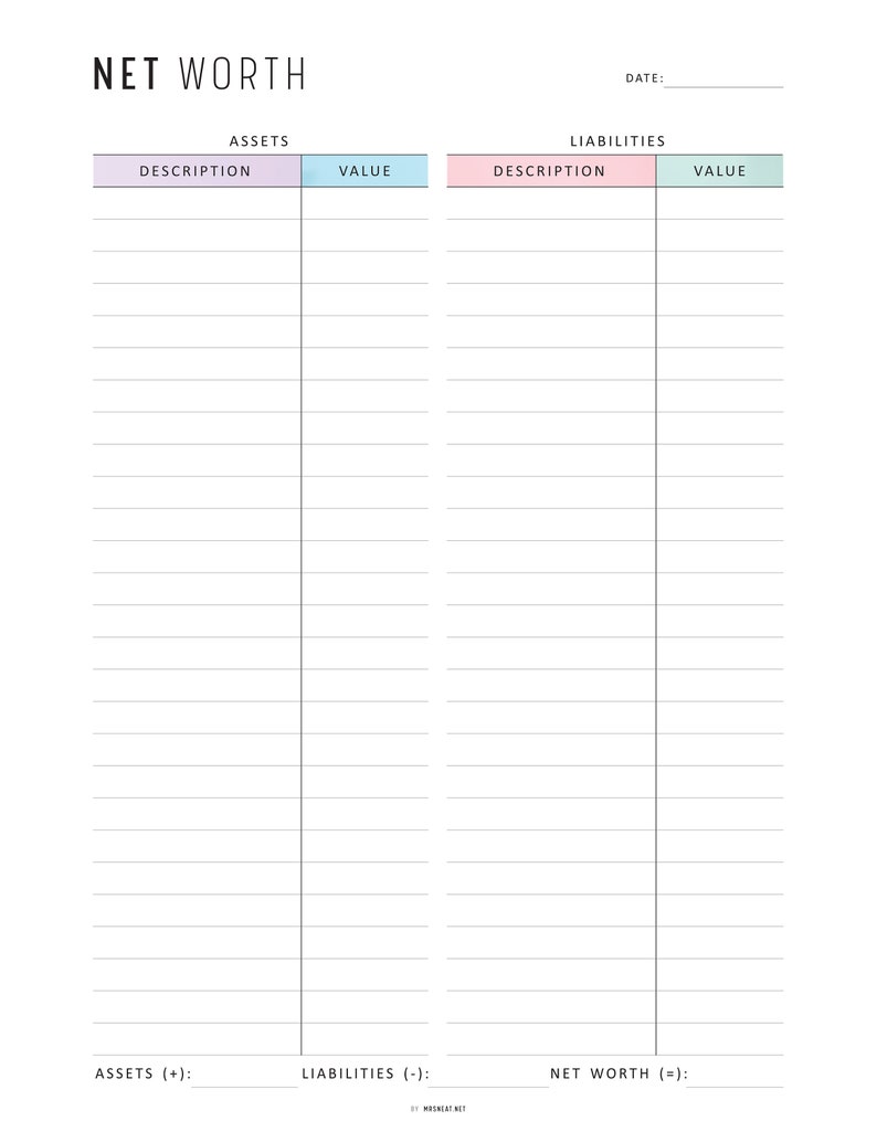 Net Worth Tracker Printable, Fillable Net Worth Calculator, Net Worth ...
