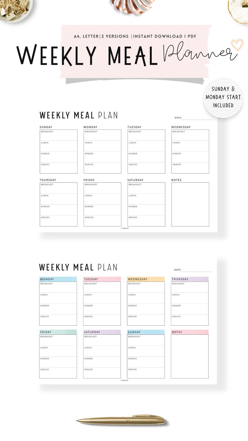 Colorful Printable Weekly Meal Planner Landscape, Food Diary, Meal ...