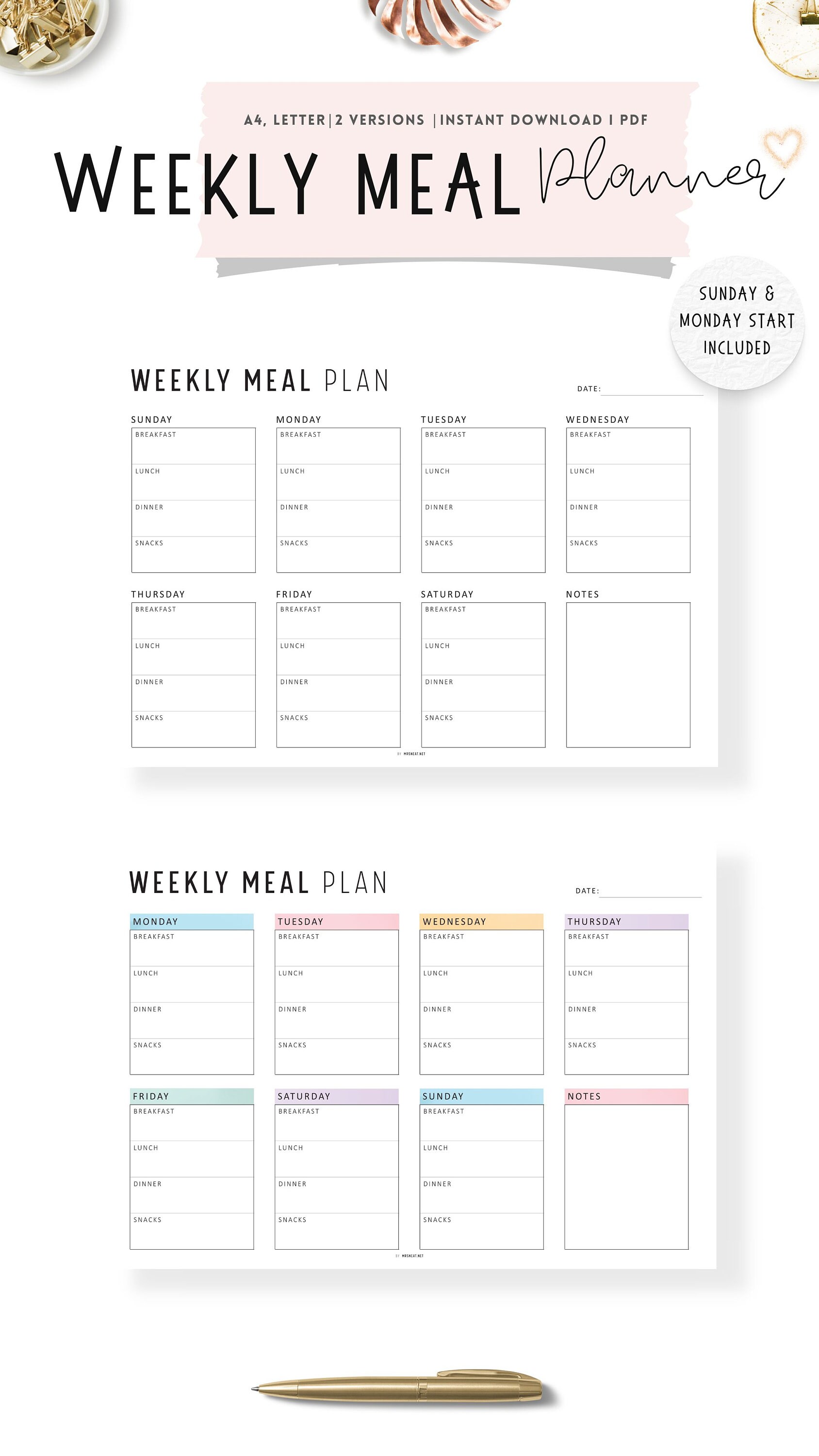 Colorful Printable Weekly Meal Planner Landscape, Food Diary, Meal ...