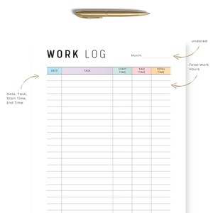 Editable Work Log Template, Work Log Printable, Monthly Work Log ...