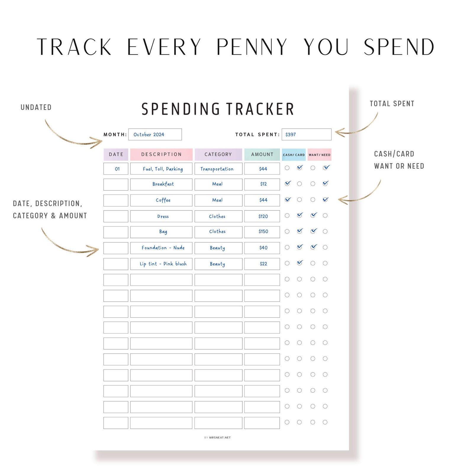 Fillable Spending Tracker Printable: Finance Expense Log (PDF) - Etsy
