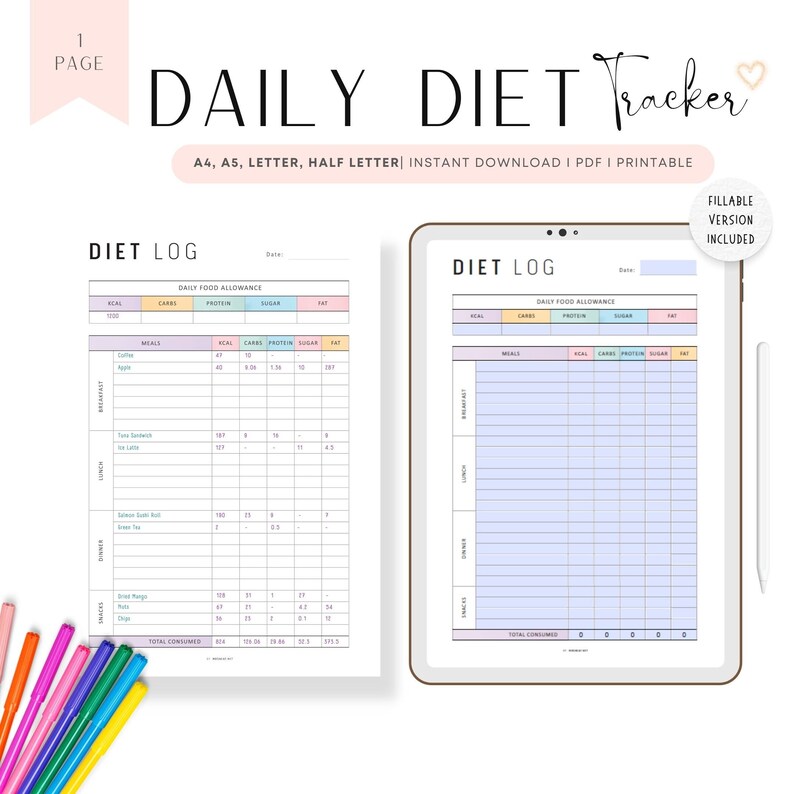 Fillable Diet Log Printable, Diet Journal Template, Calorie Counter Log ...