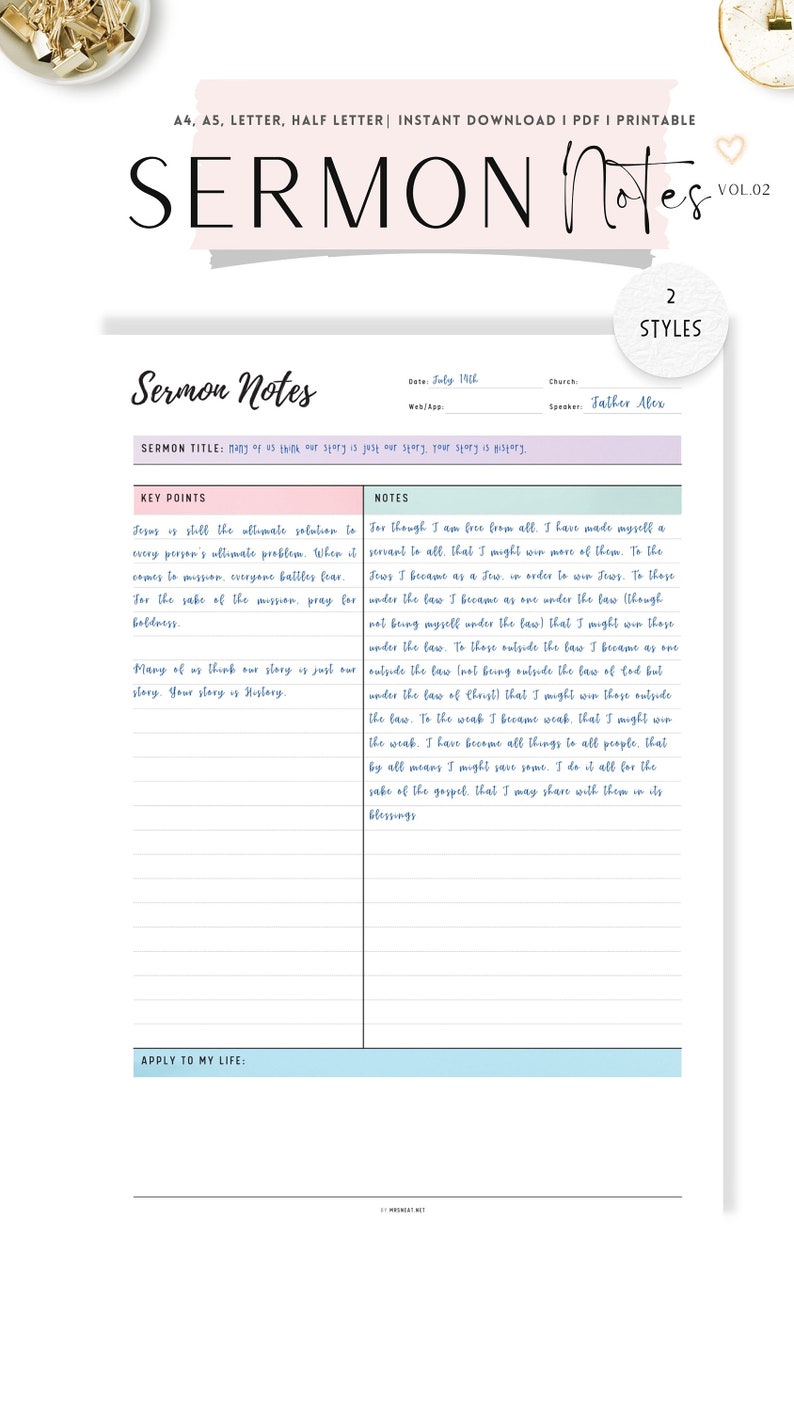 FILLABLE Sermon Notes Journal PRINTABLE: 2 Styles (A4, A5, Letter, Half ...