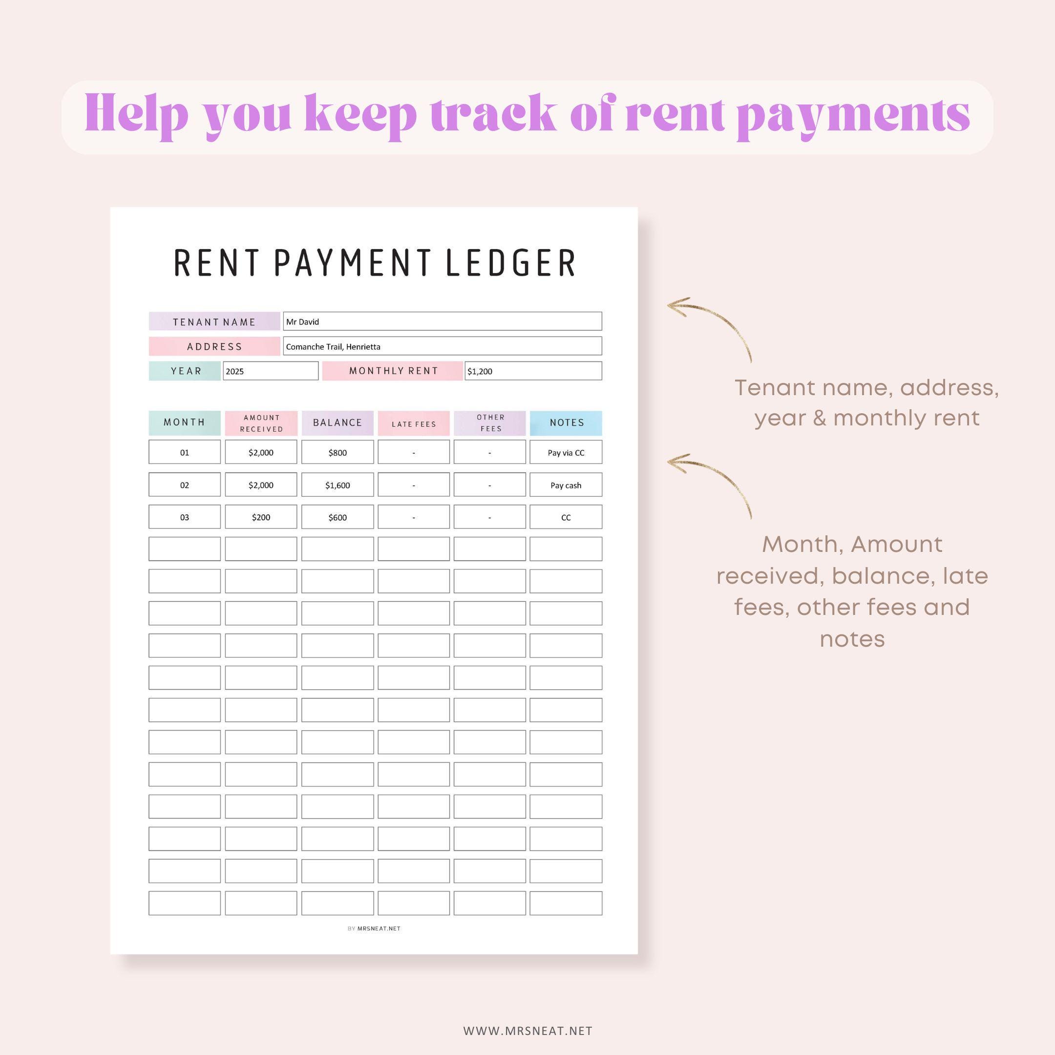 Fillable Rent Payment Ledger, Printable Rent Payment Tracker, Rental ...