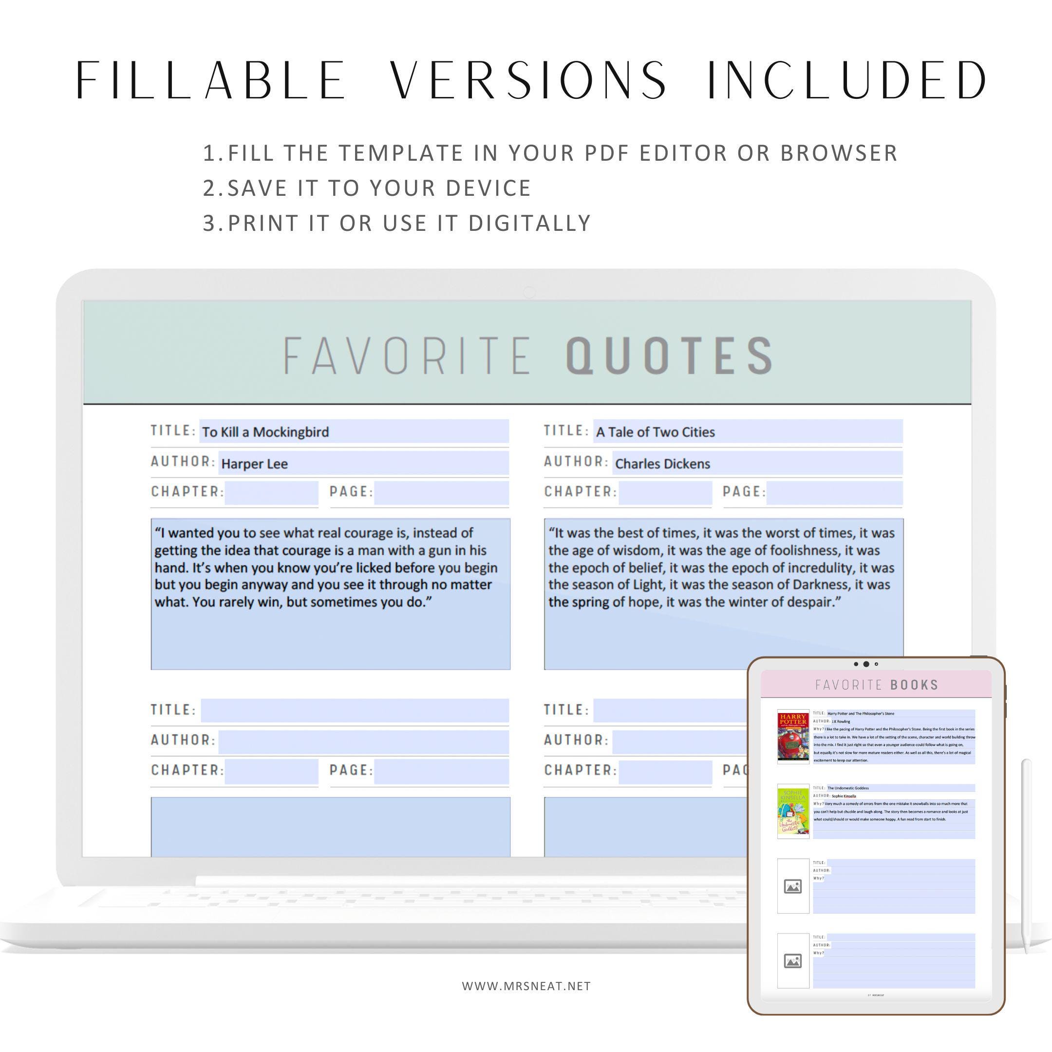 Fillable Favorite Books Template, Favorite Quotes Template Printable ...