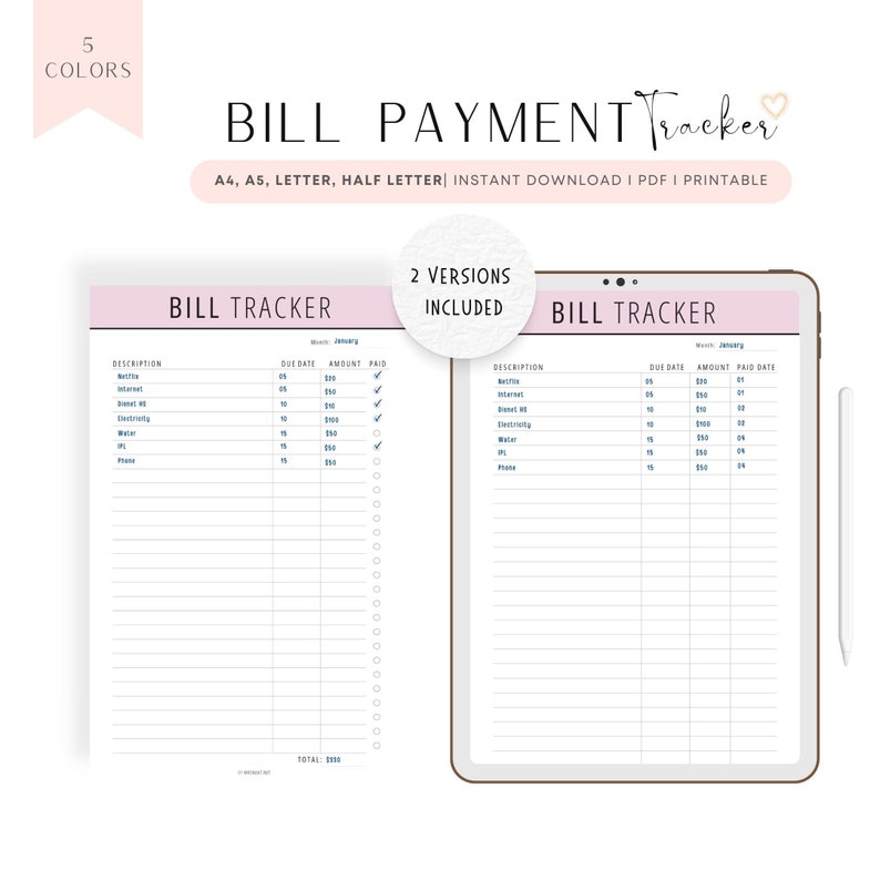 Bill Payment Tracker Printable, Spending Tracker Template, PDF, A4, A5 ...