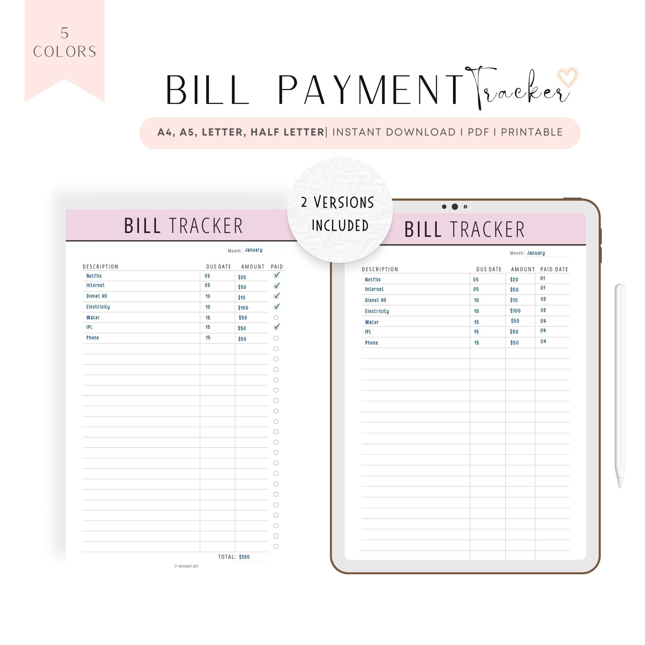 Bill Payment Tracker Printable, Spending Tracker Template, PDF, A4, A5 ...