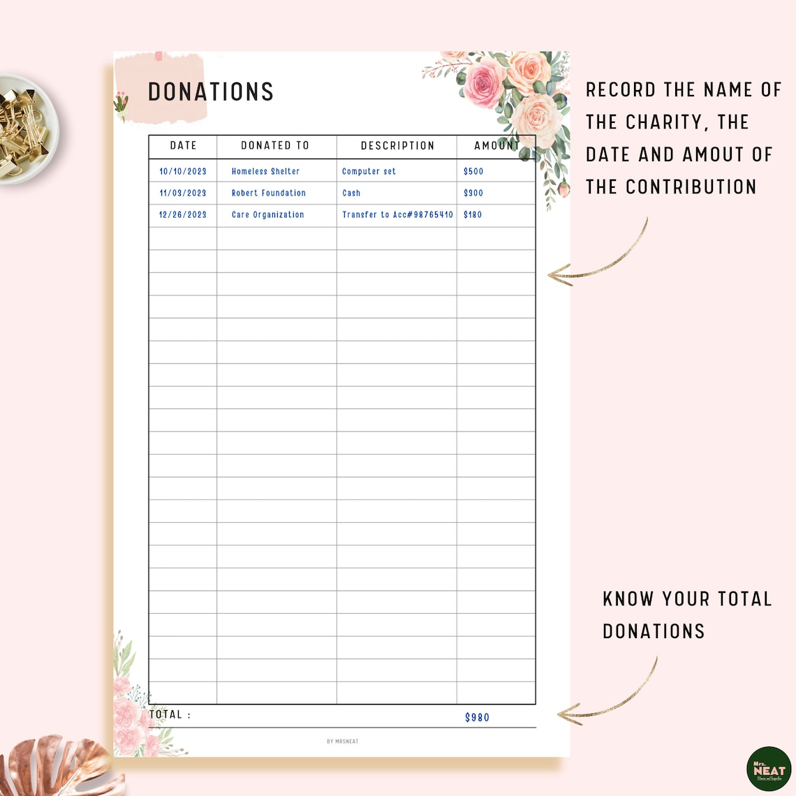 Floral Donation Tracker Printable, Charity Donation Tracker, PDF, A4 ...