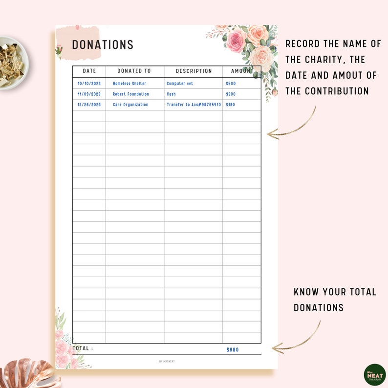 Floral Donation Tracker Printable, Fillable Charity Donation Tracker ...