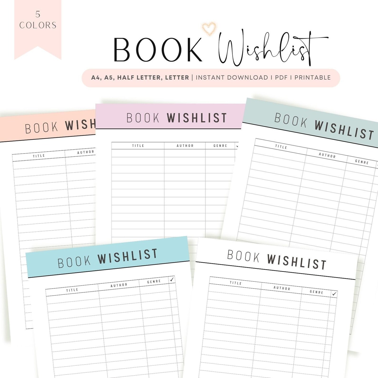 FILLABLE Book Wish List PRINTABLE: Reading Template, 5 Colors (A4, A5 ...