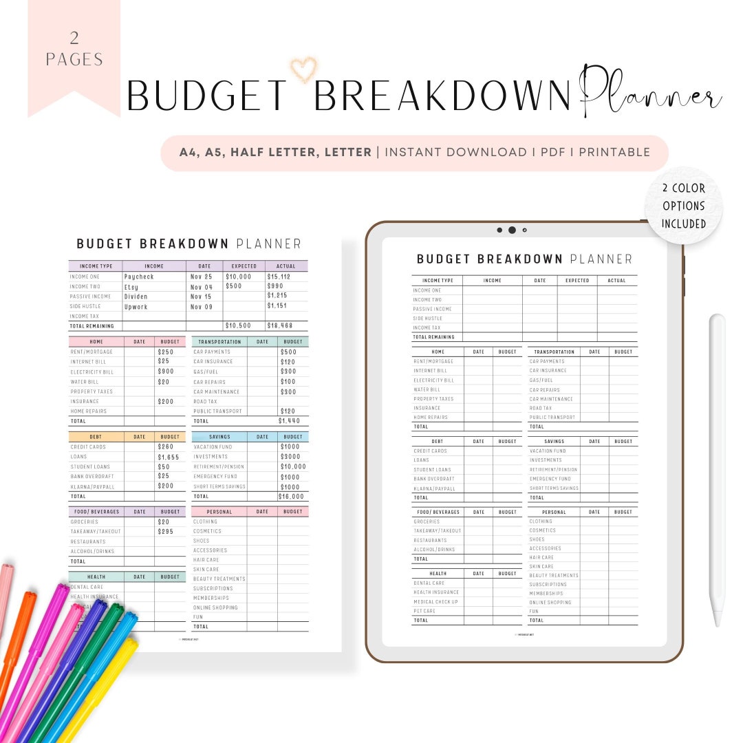 Budget Breakdown Planner, Paycheck Breakdown Template, Budget Tracker ...