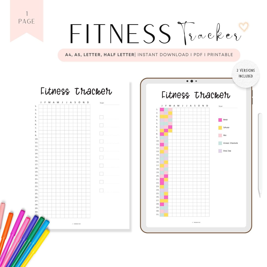 Fitness Tracker Printable, One Year Fitness Tracker Template, Daily ...