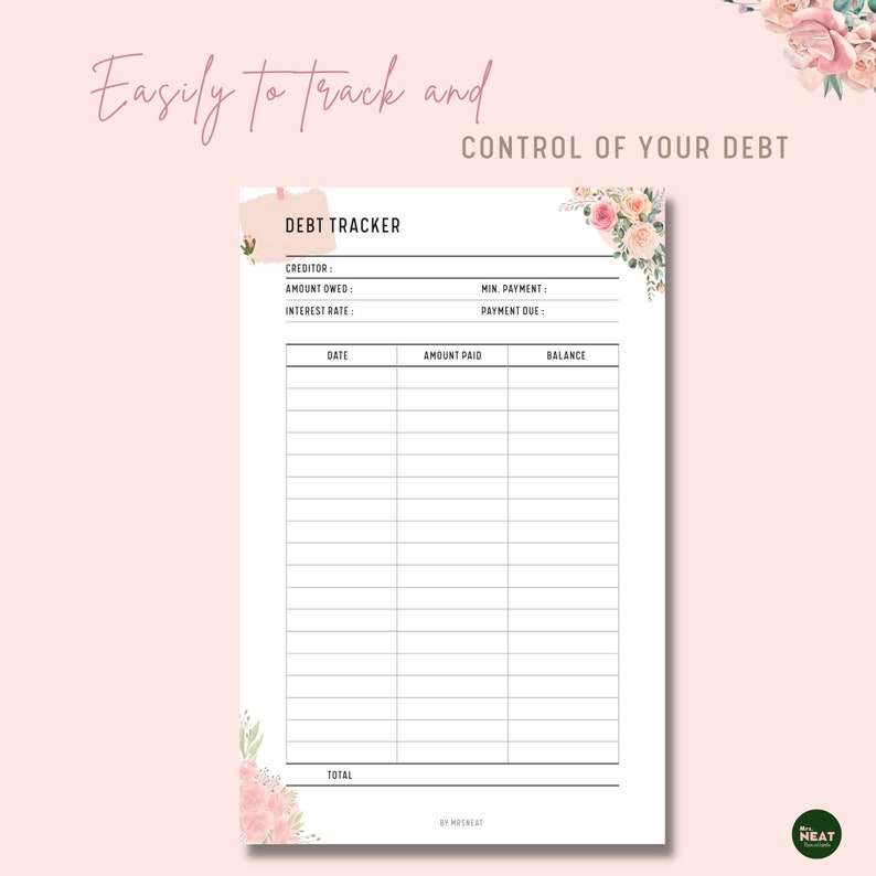 Floral Debt Payment Tracker Printable, Debt Tracker Printable, Debt ...