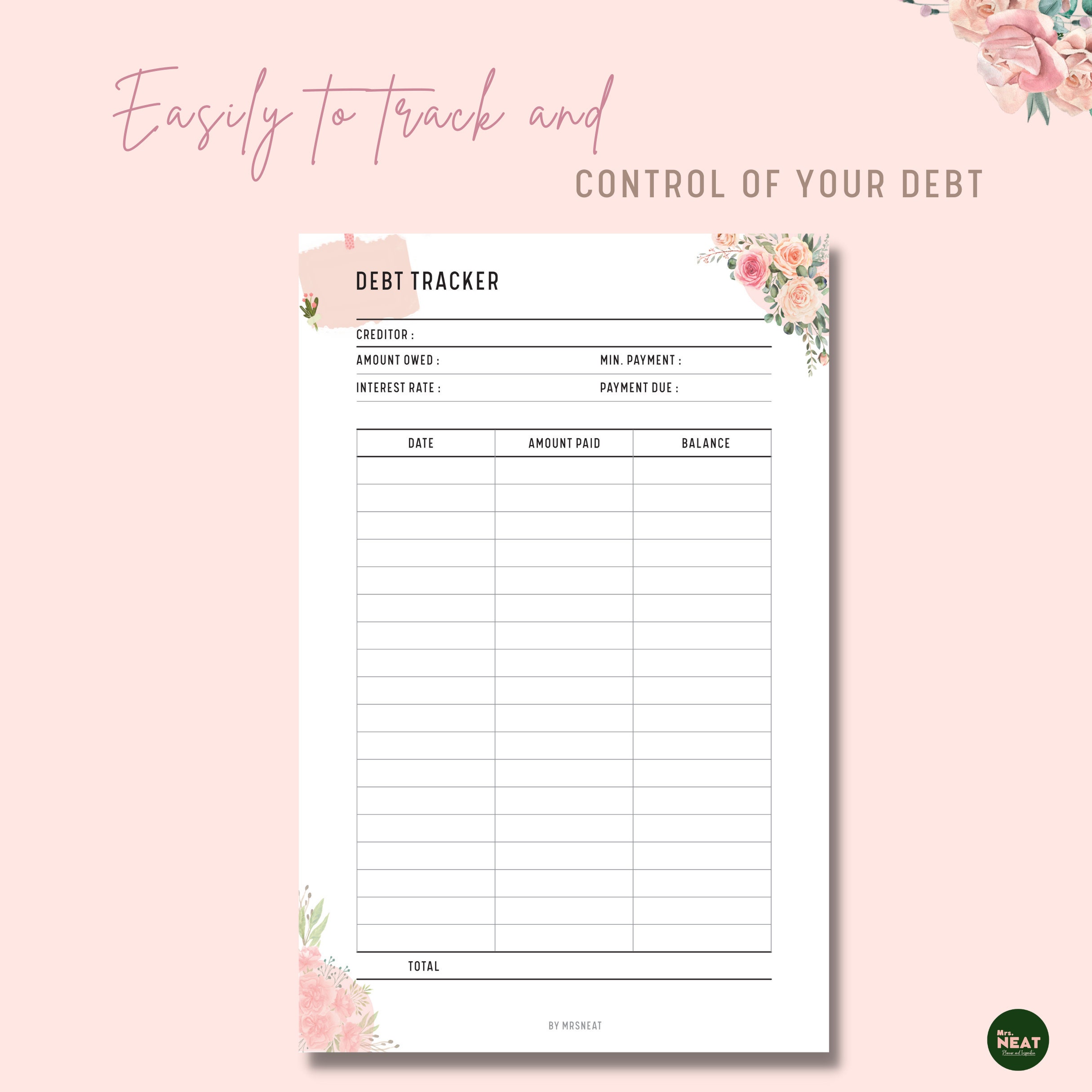 Floral Debt Payment Tracker Printable, Debt Tracker Printable, Debt ...
