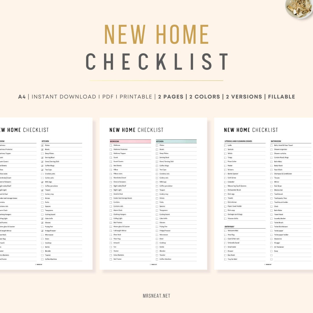 New Home Essentials Checklist Printable, First House Checklist, First Apartment Checklist, A4 ...
