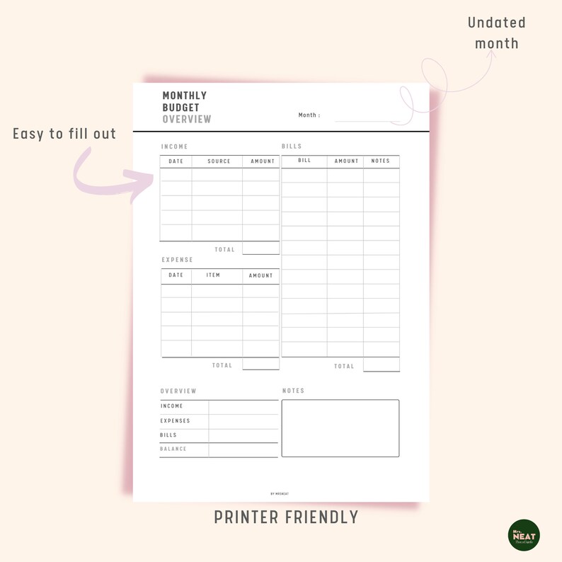 Monthly Budget Overview, Budget Planner Printable, A4, A5, US Letter - Etsy