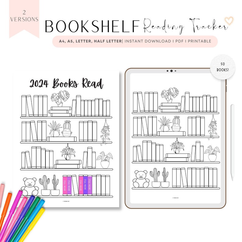 Bookshelf Reading Tracker Printable, 2024 Books Read, 50 Books Read ...