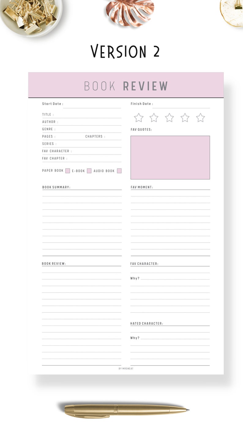 FILLABLE Book Review Template PRINTABLE: Reading Tracker, 5 Colors, 2 ...