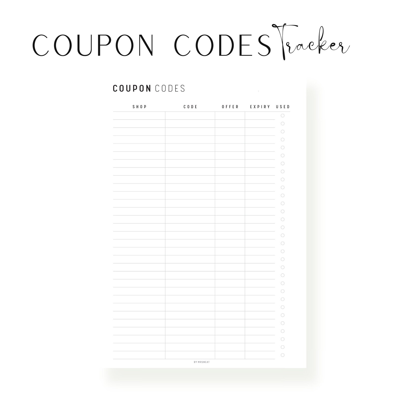 Fillable Coupon Code Tracker PRINTABLE, Coupon Code Template, Coupon ...