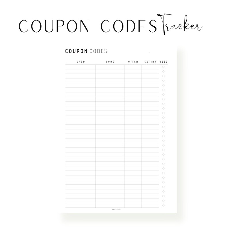 Fillable Coupon Code Tracker PRINTABLE, Coupon Code Template, Coupon ...