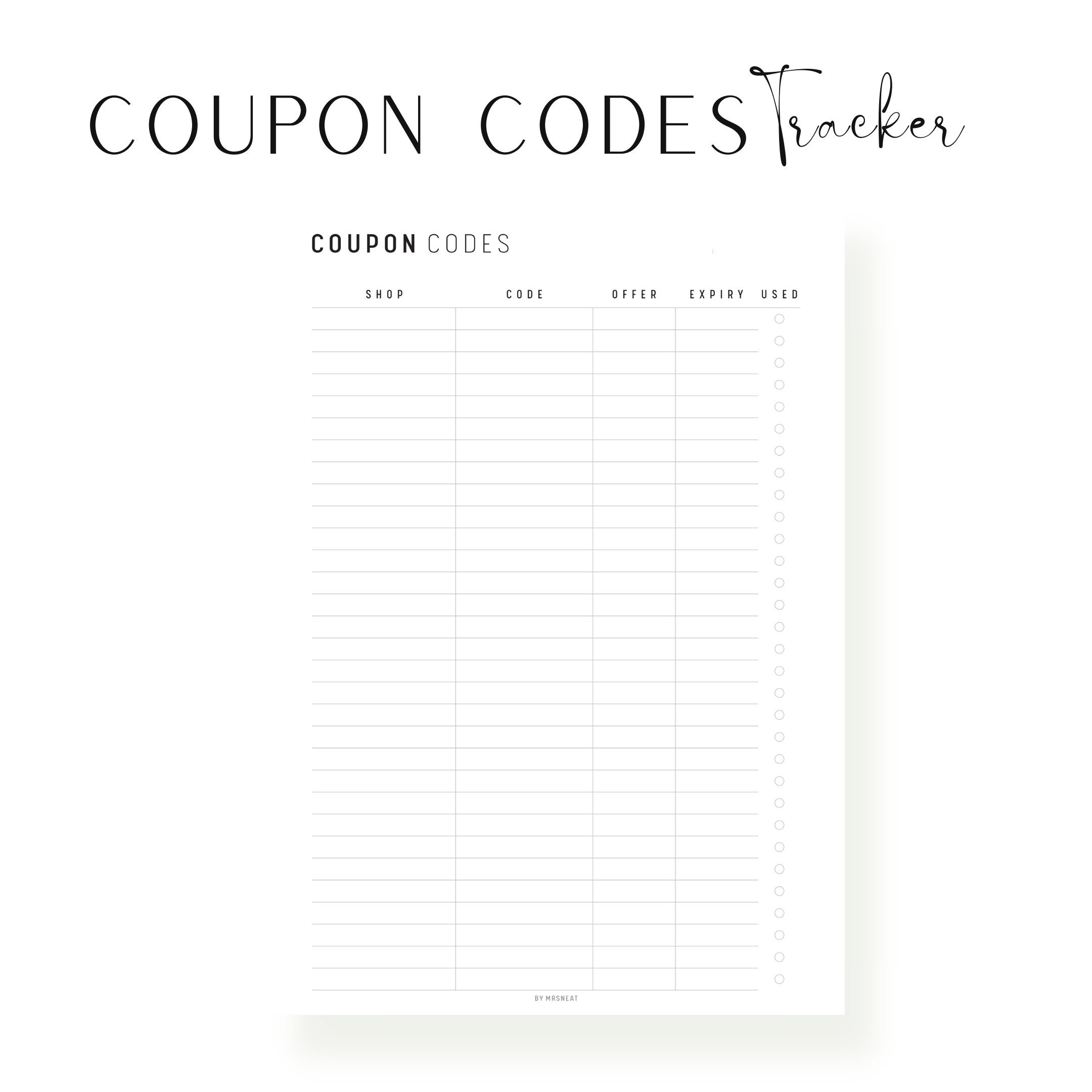 Fillable Coupon Code Tracker PRINTABLE, Coupon Code Template, Coupon ...
