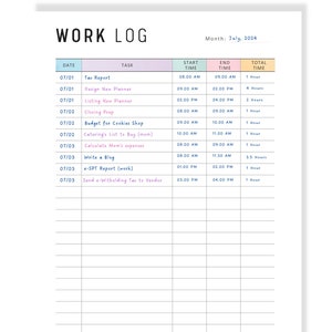 Editable Work Log Template, Work Log Printable, Monthly Work Log ...