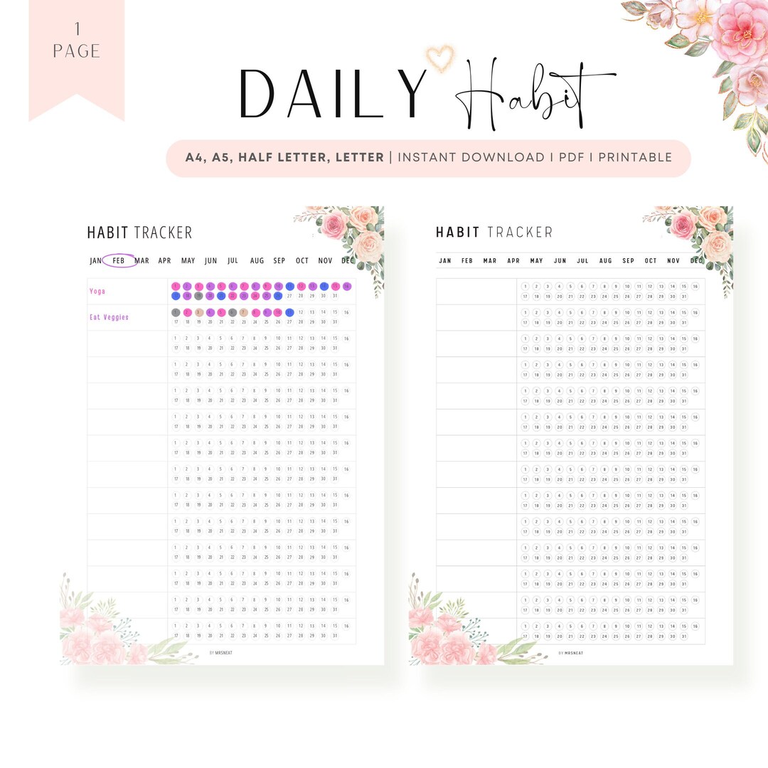 Floral Minimalist Daily Habit Tracker, Habit Tracker Printable, Daily ...