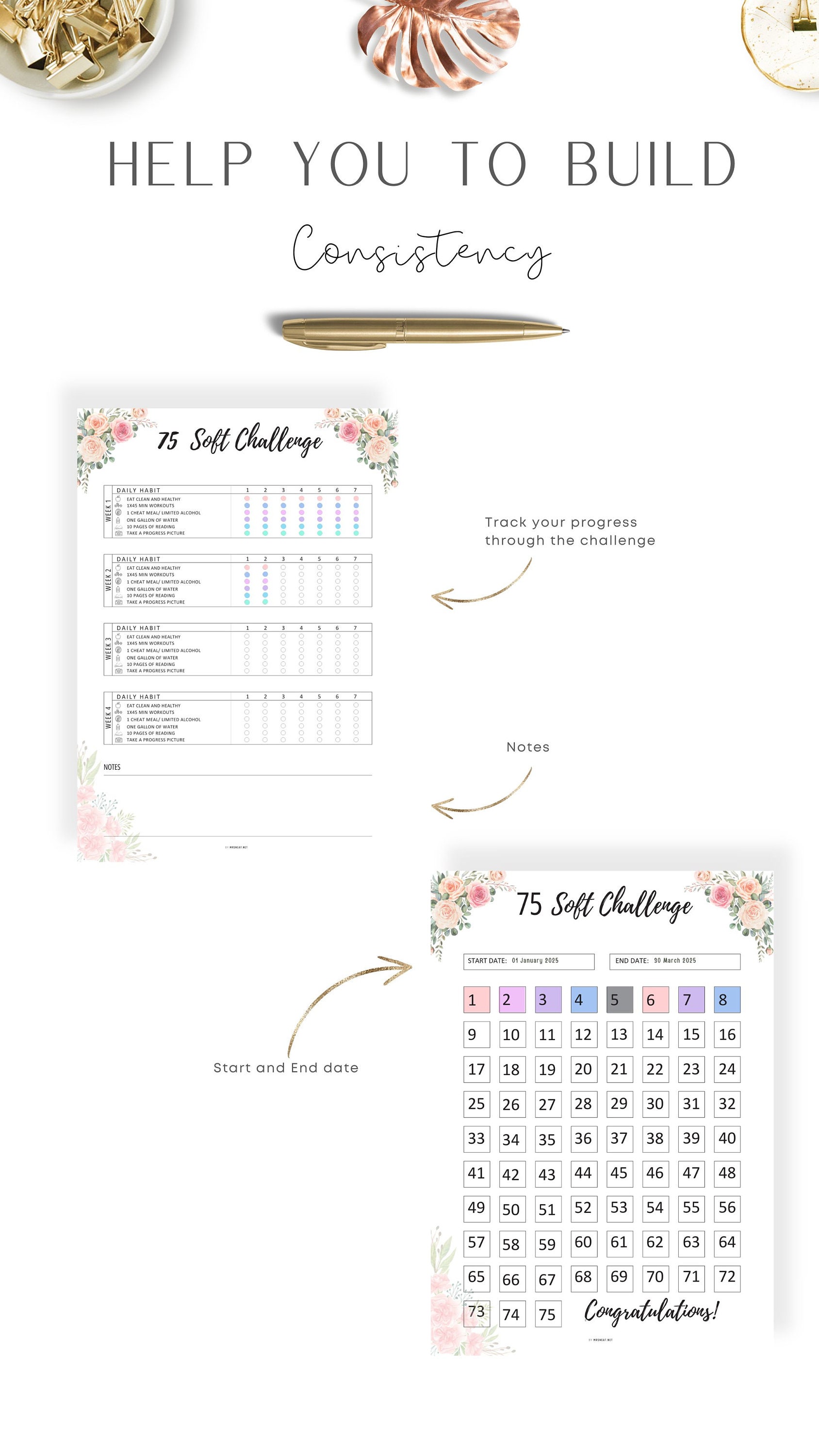Floral 75 Soft Challenge Tracker: PRINTABLE Fitness Journal (PDF ...