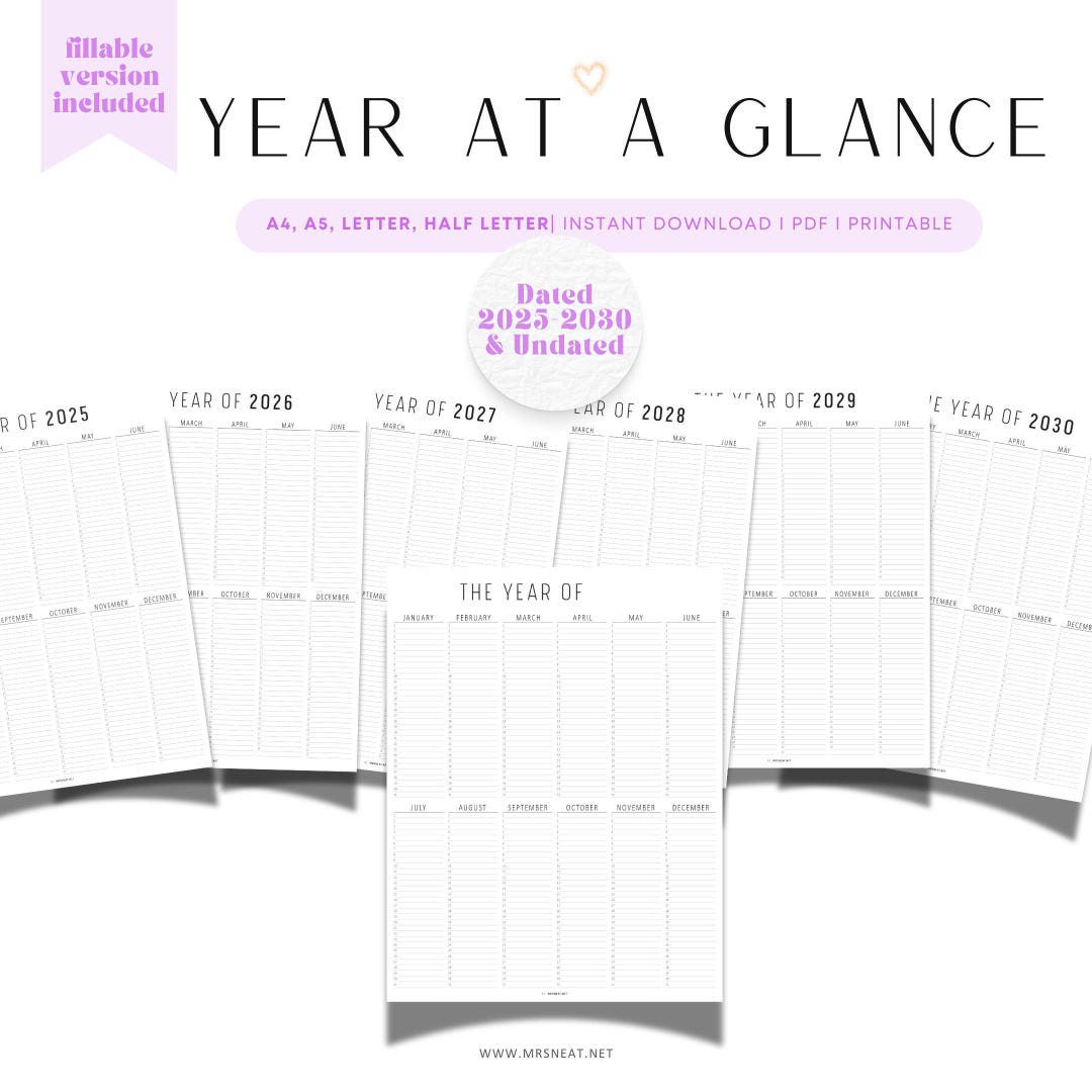 2026 - 2030 Year at A Glance PRINTABLE: FILLABLE One-page Planner (PDF ...