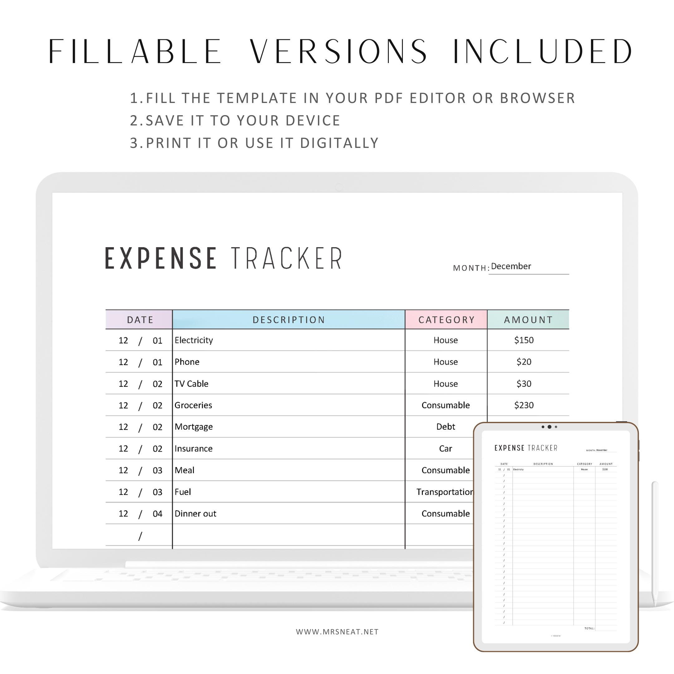 Expense Tracker Printable, Spending Tracker, Fillable Expense Log ...