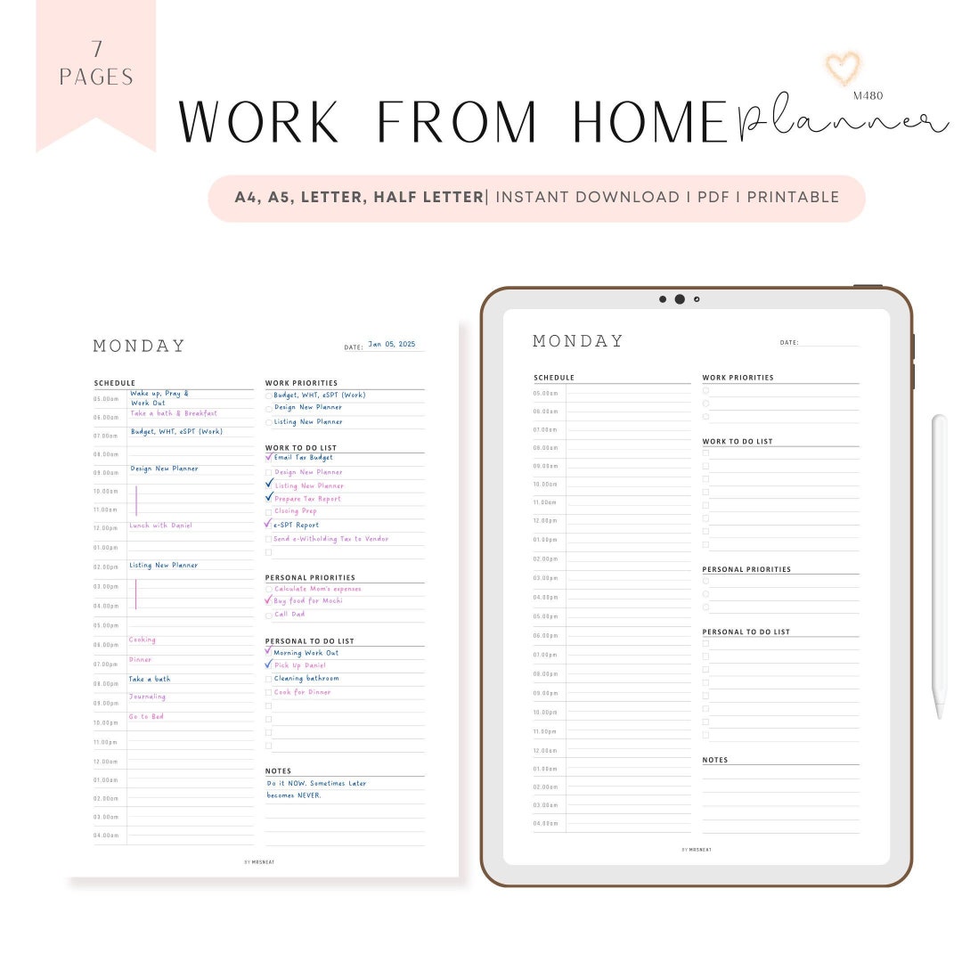 Fillable Work From Home Planner Printable, Daily Planner, Personal ...