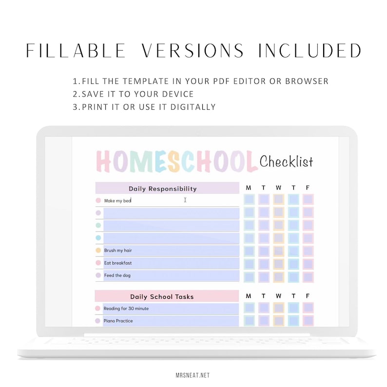 FILLABLE Homeschool Checklist: Daily Schedule Template (PDF) - Etsy