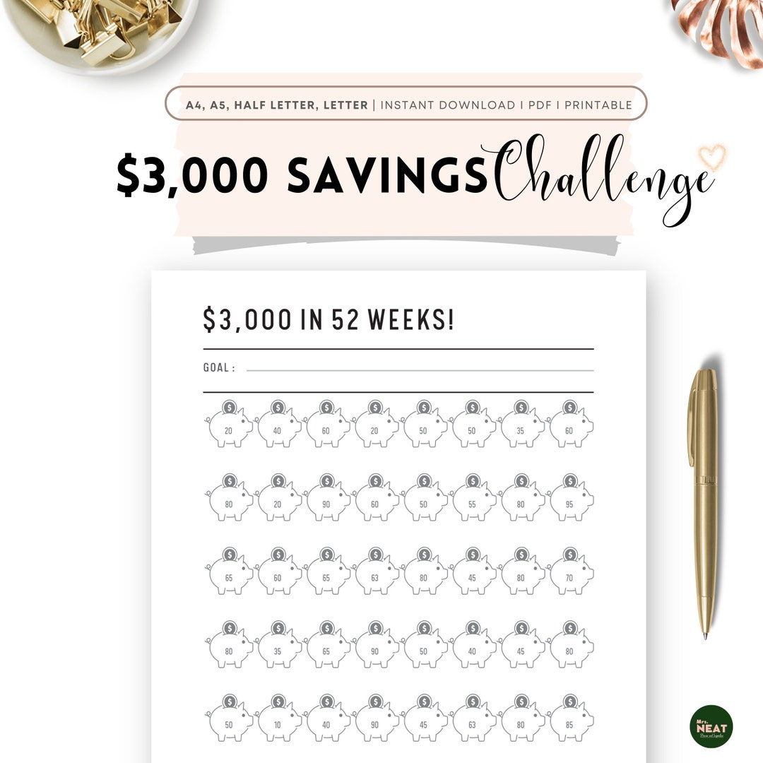 3,000 Money Saving Challenge Printable in 52 Weeks, Piggy Bank Template ...