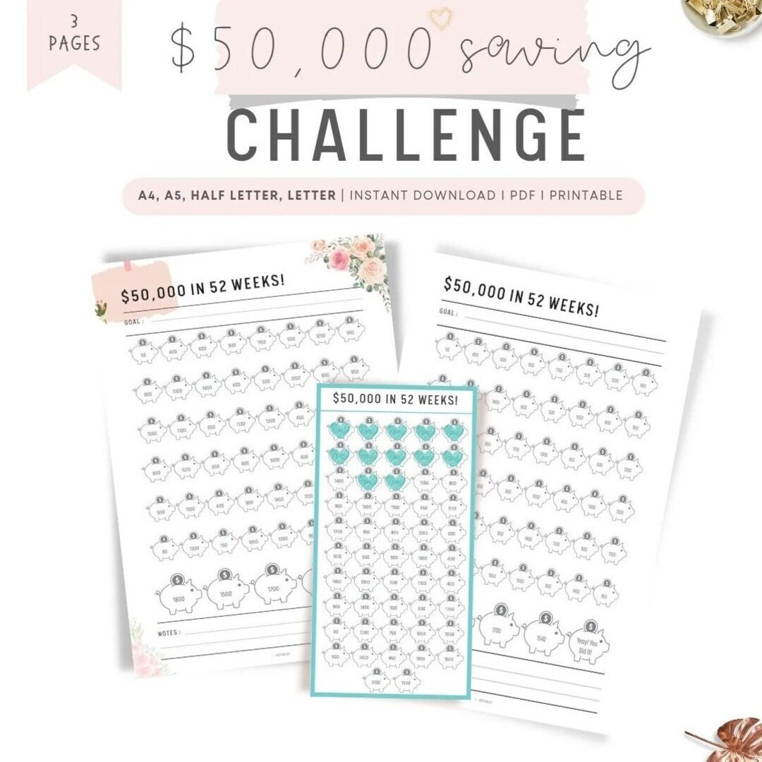 50000 Money Saving Challenge, Save 50K in 52 Weeks, Printable Saving ...