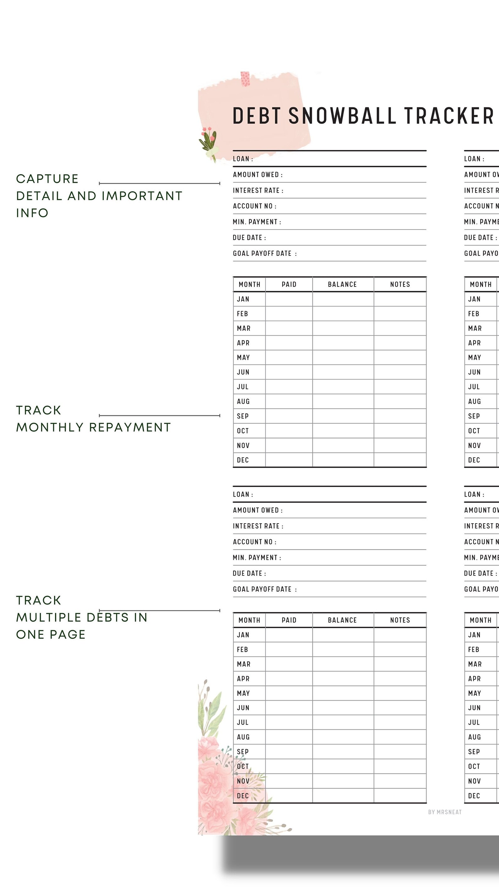 Floral Debt Snowball Tracker Printable, Snowball Debt Plan Printable ...