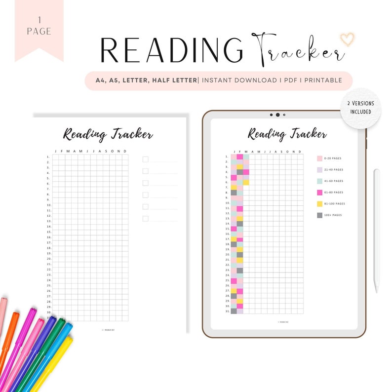 PRINTABLE Reading Tracker One Year Template, Reading Journal, Book ...