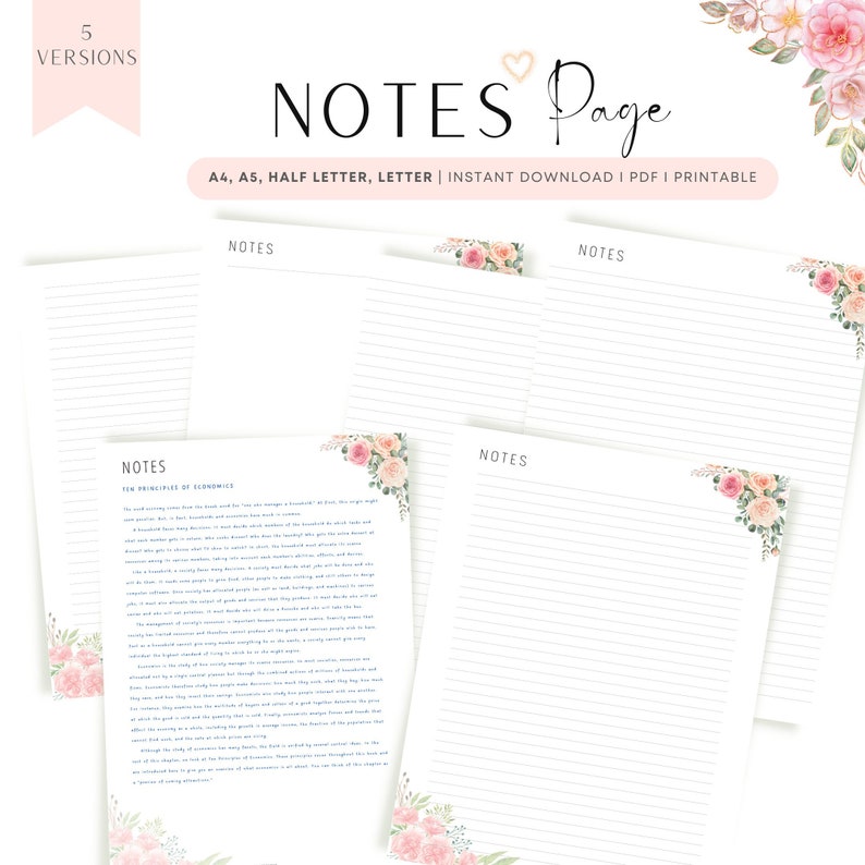 Fillable Floral Notes Page Printable, Notes Page Template, Writing ...