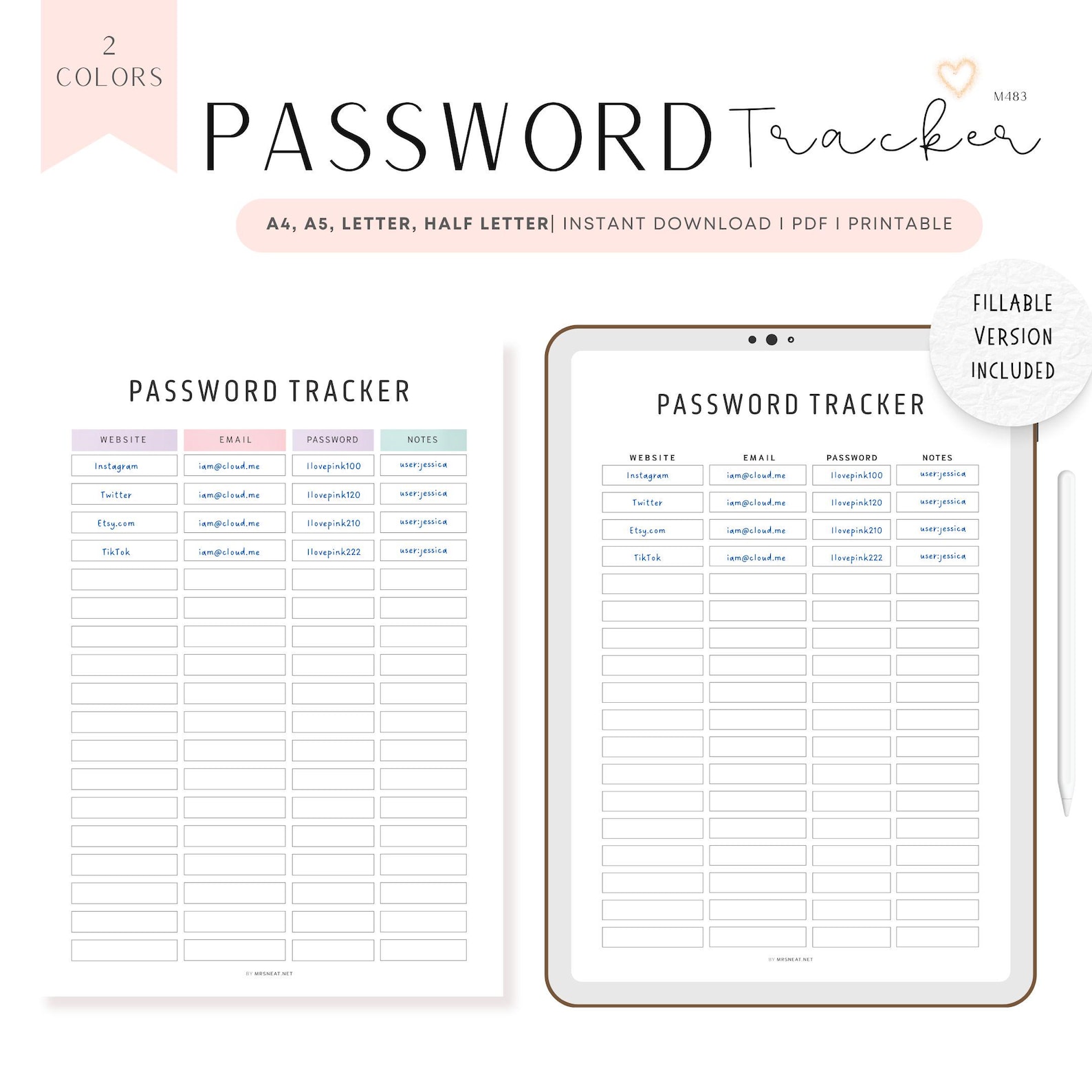 Printable Password Tracker, Editable Password Tracker, Password List ...