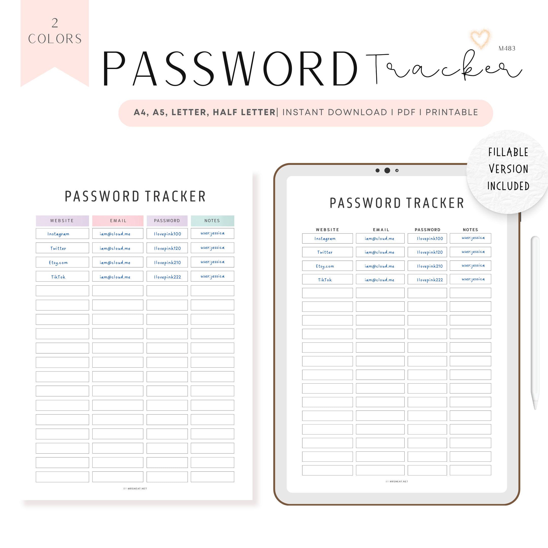 Printable Password Tracker, Editable Password Tracker, Password List ...