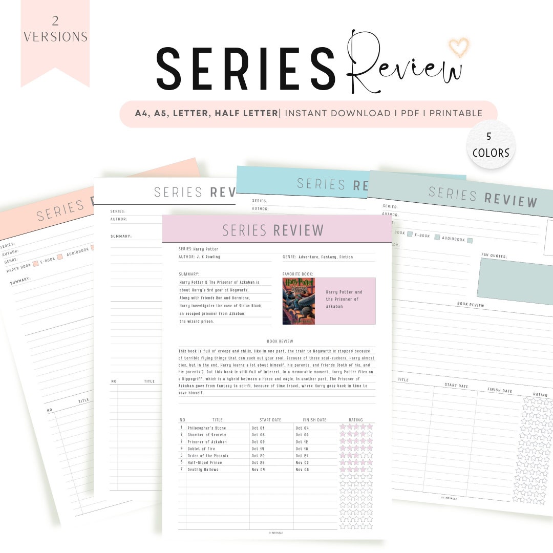 FILLABLE Book Series Review Template, PRINTABLE: 2 Versions, 5 Colors ...