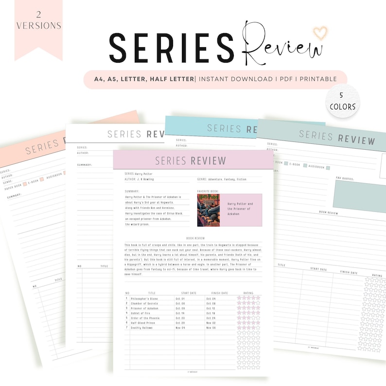 Book Series Review Template Printable, A4, A5, Letter, Half Letter, Pdf ...