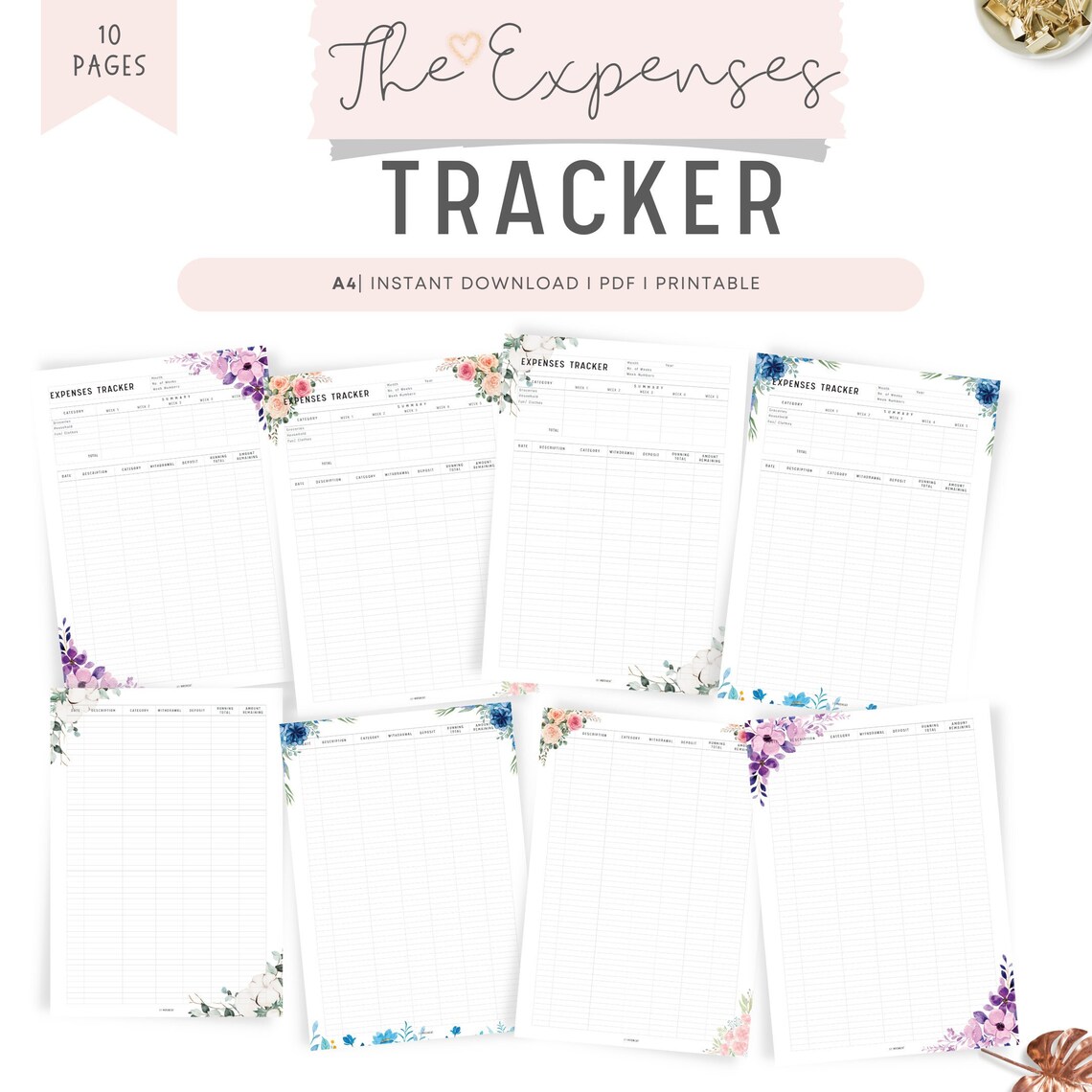 Expenses Tracker Printable Planner, Bill Tracker, Floral Spending ...