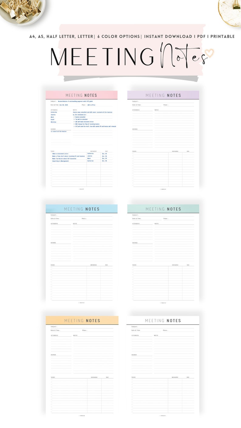 Printable Meeting Notes Template, Meeting Notes Page, PDF, A4, A5 ...