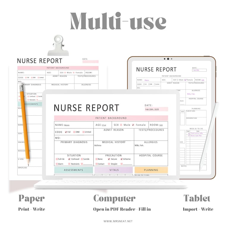 FILLABLE Nurse Report Sheet: PRINTABLE Patient Reporting Template. PDF ...