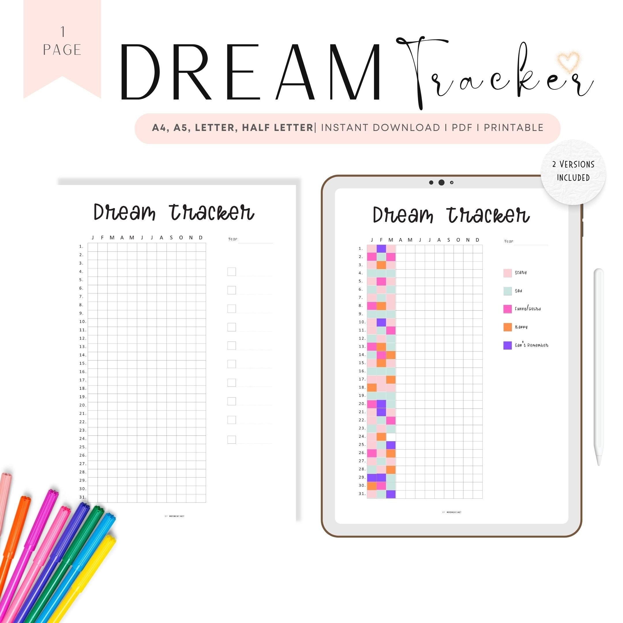 One Year Dream Tracker Printable, Dream Journal, Dream Tracker, Dream ...