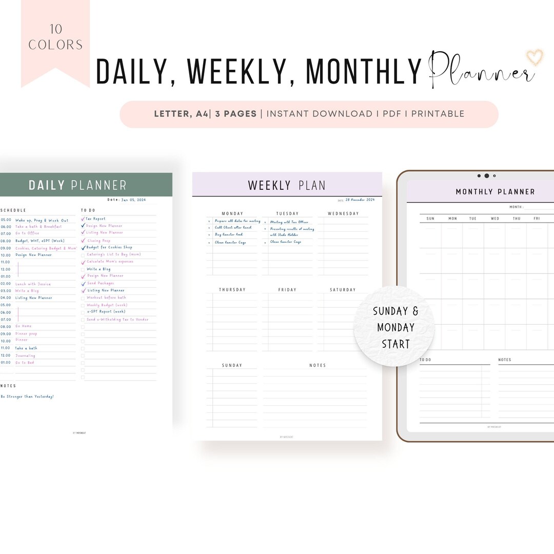 FILLABLE Planner Bundle PRINTABLE: Daily, Weekly, Monthly, 10 Colors ...